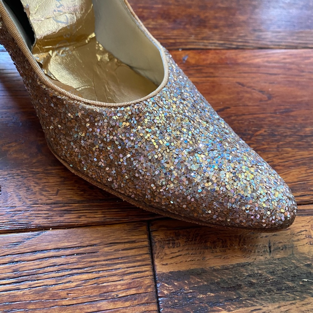Vintage De Liso Debs High Heel Gold Glitter Pumps - Gem